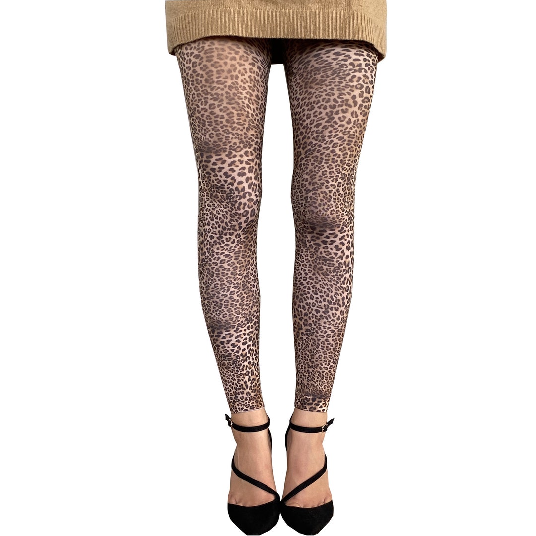Petite Leopard Print Footless Tights Natural for Women - Etsy