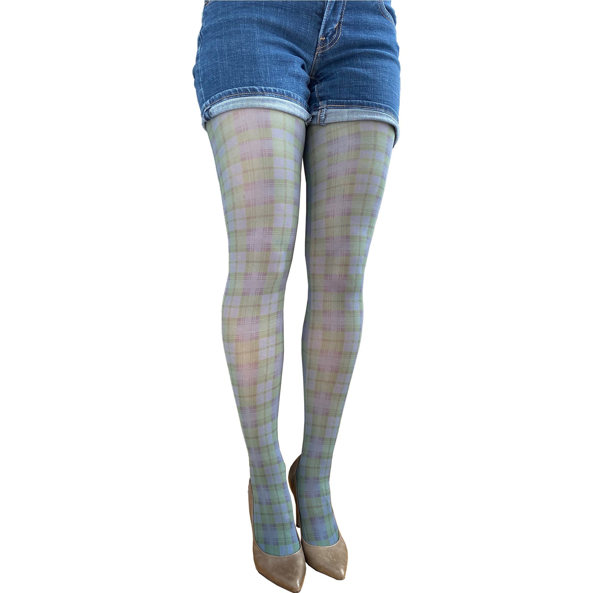 Green and Blue Plaid Patterned Tights Women's Opaque - Etsy