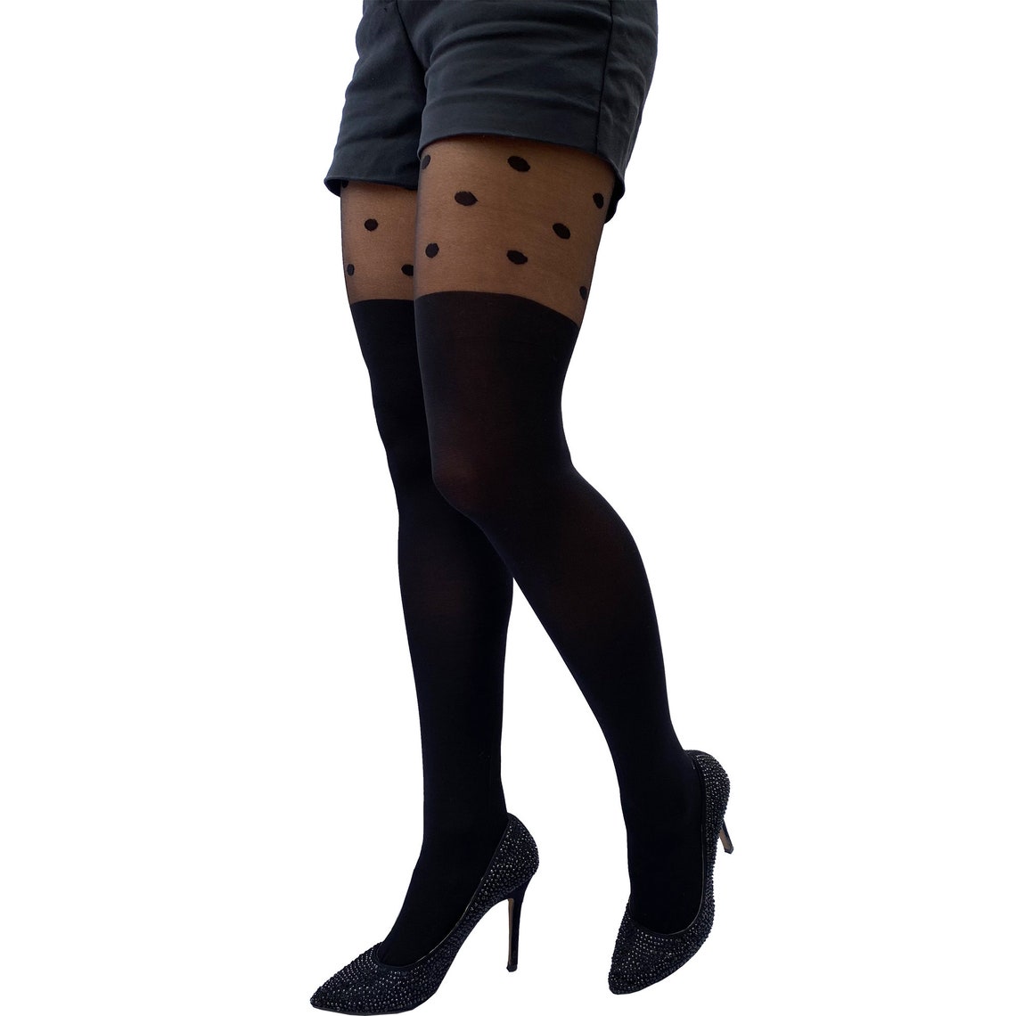 Black Sheer Opaque Dotted Tights Control Top Pantyhose for | Etsy