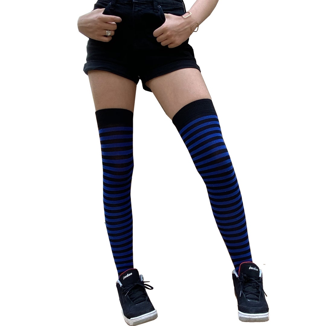 Women's Long Striped Socks Over Knee High Black and Blue | Cotton Socks ...