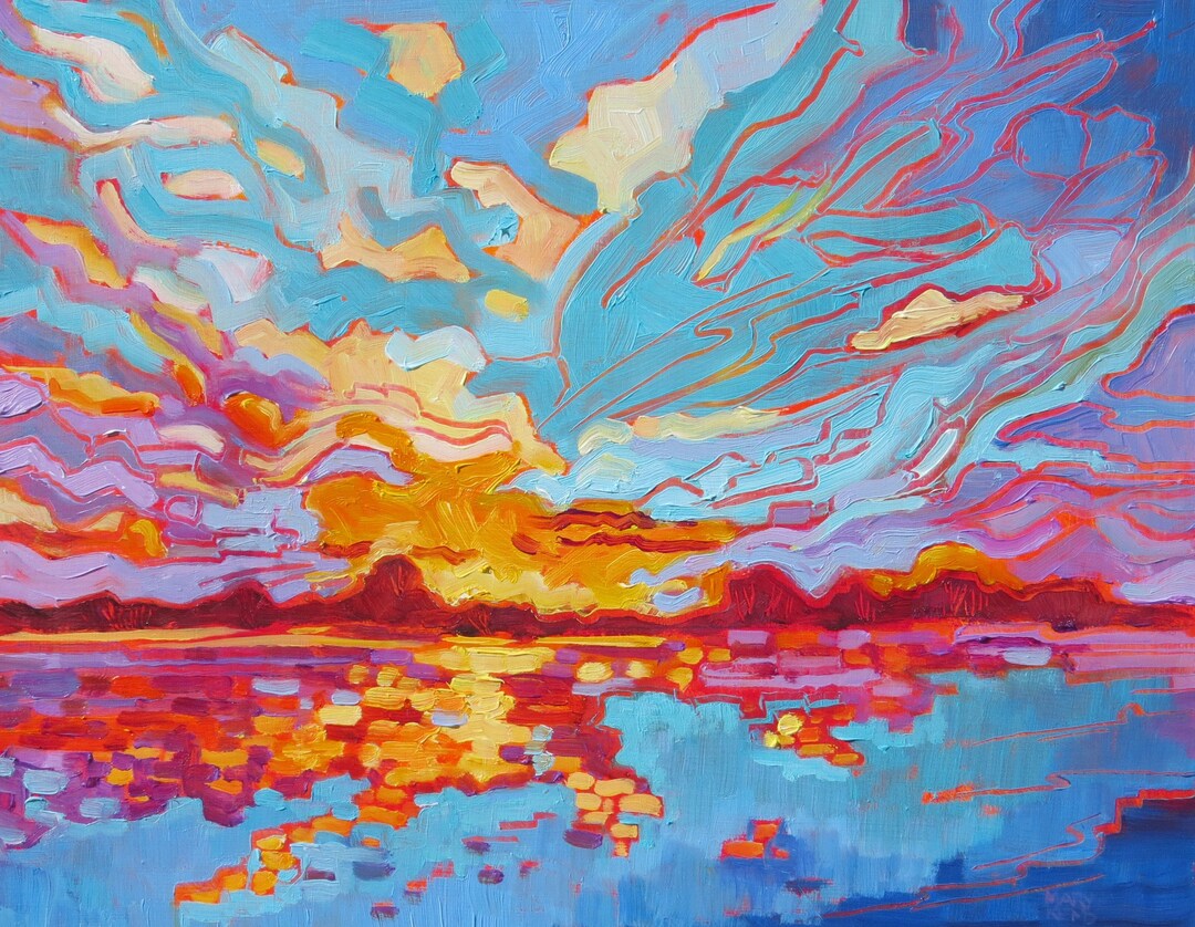 Contented Sunset Painting, Original Art, Modern Impressionist Landscape ...