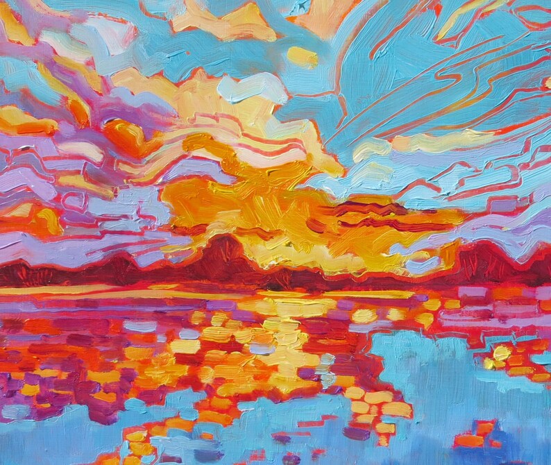 Contented Sunset Painting, Original Art, Modern Impressionist Landscape ...