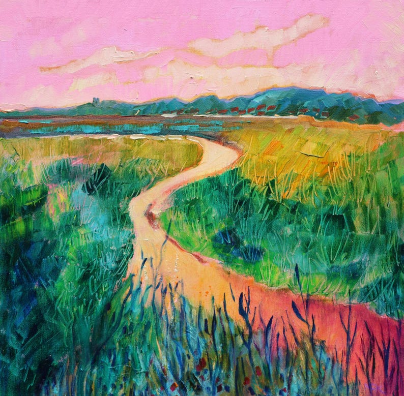 Coastal Path With Pink Sky, Original Impressionist Landscape Oil ...
