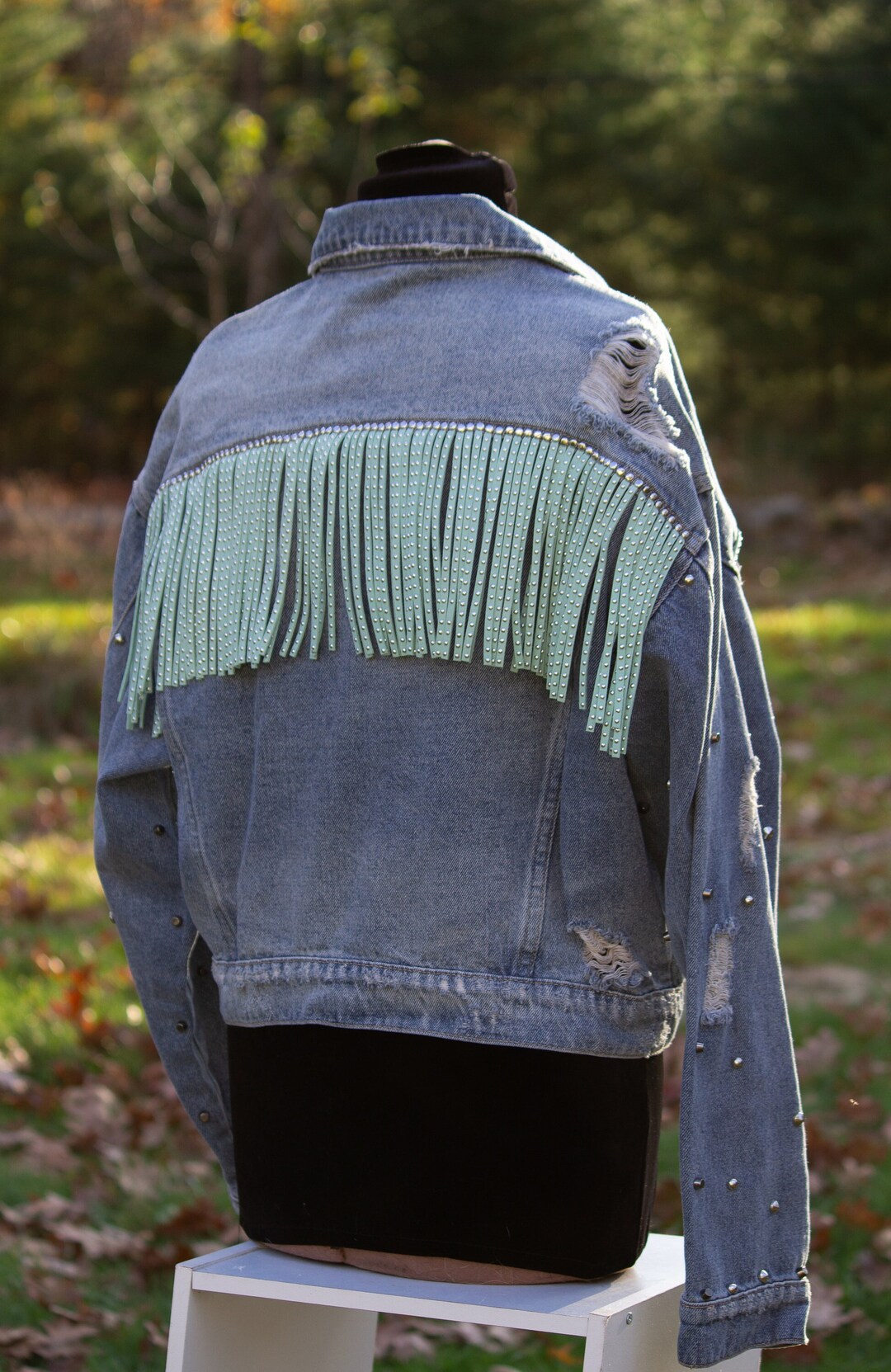 Denim Distressed Suede Fringe Jacket and Studs - Etsy