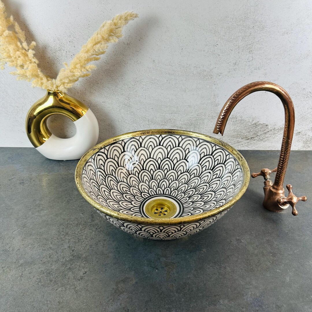 Qaws Custom Made Basin Sink Natural Ceramic and Raw Brass Rimmed, Black ...