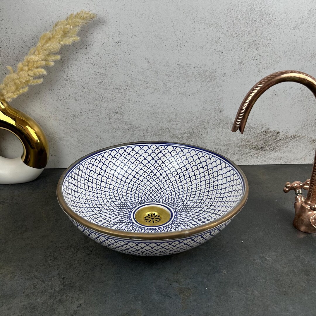 Custom Made Fish Scales Sink - Solid Brushed Brass Edge on Ceramic Sink ...