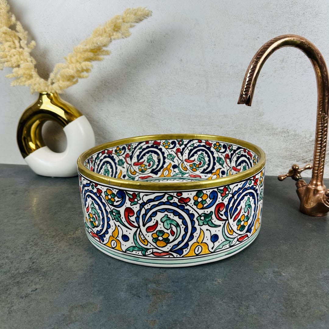 Custom Made Brass & Ceramic Washbasin - Colorful Handcrafted Basin Sink ...