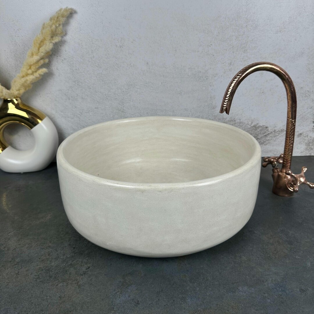 Handmade Vanity Bathroom Sink, Beige Minimalist Luxury Washbasin, Round ...