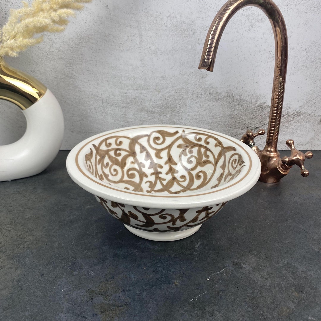 Handcrafted Ceramic Wash Basin With Elegant Brown Floral Design ...
