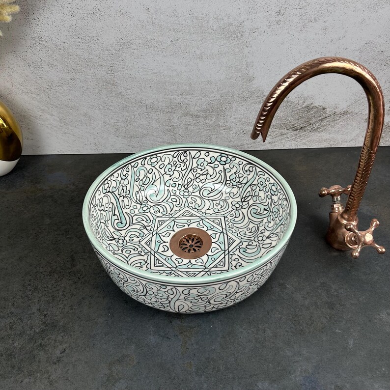 Custom Made Sage Green Floral Sink Mid Century Countertop Basin ...