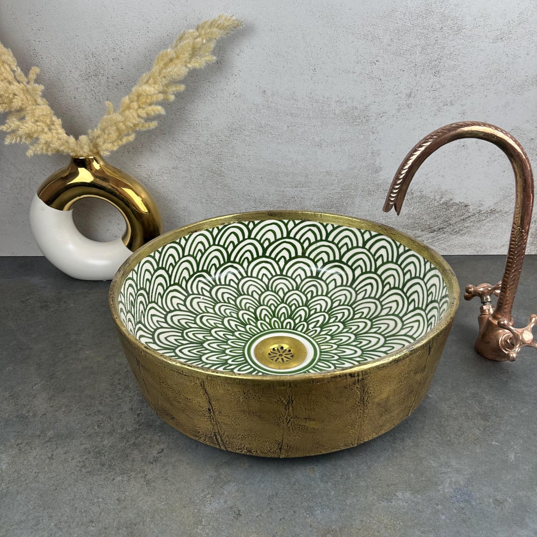 Qawss Green Tree Sink - Ceramic & Brass Vanity Antique Basin Sink - Mid ...