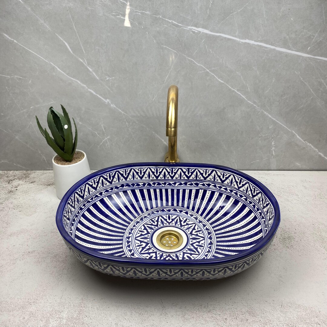 Blue Modern Oval Ceramic Sink - Handmade Moroccan Bathroom Vessel - Etsy