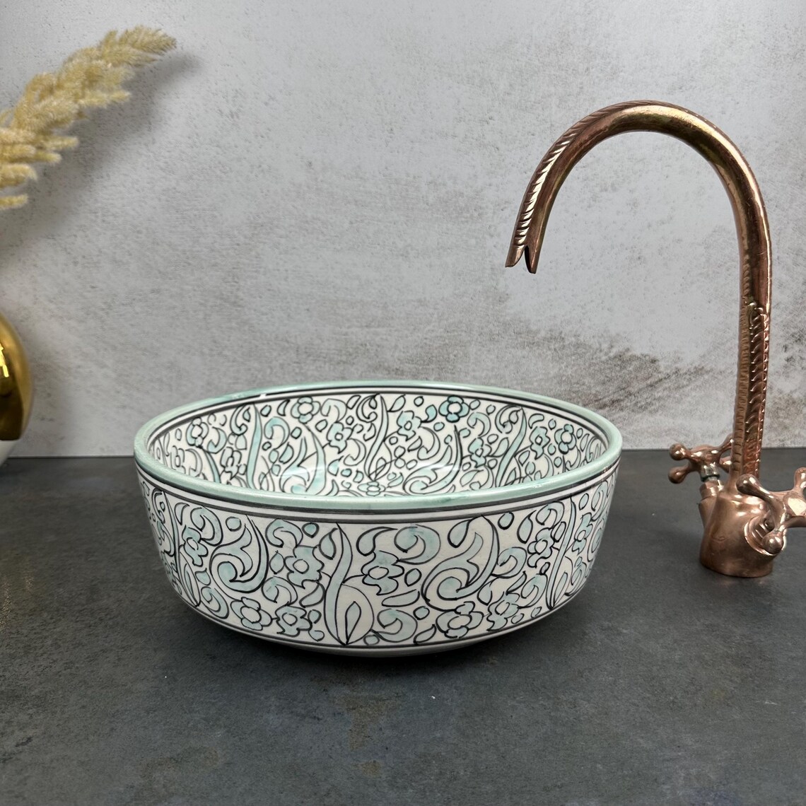 Custom Made Sage Green Floral Sink Mid Century Countertop Basin ...