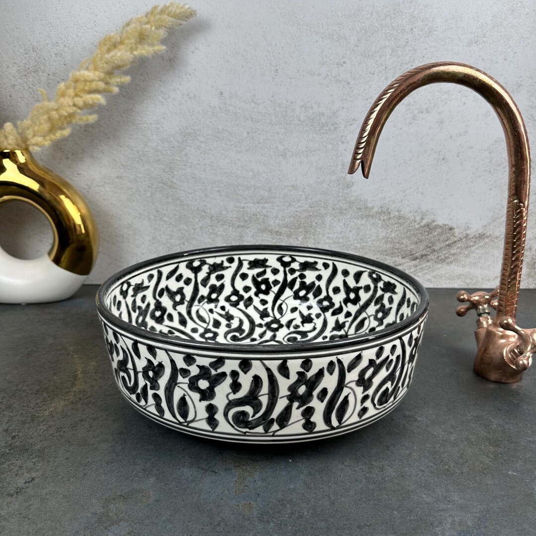 Custom Made Ceramic Floral Basin Sink Black & White - Countertop Vanity ...