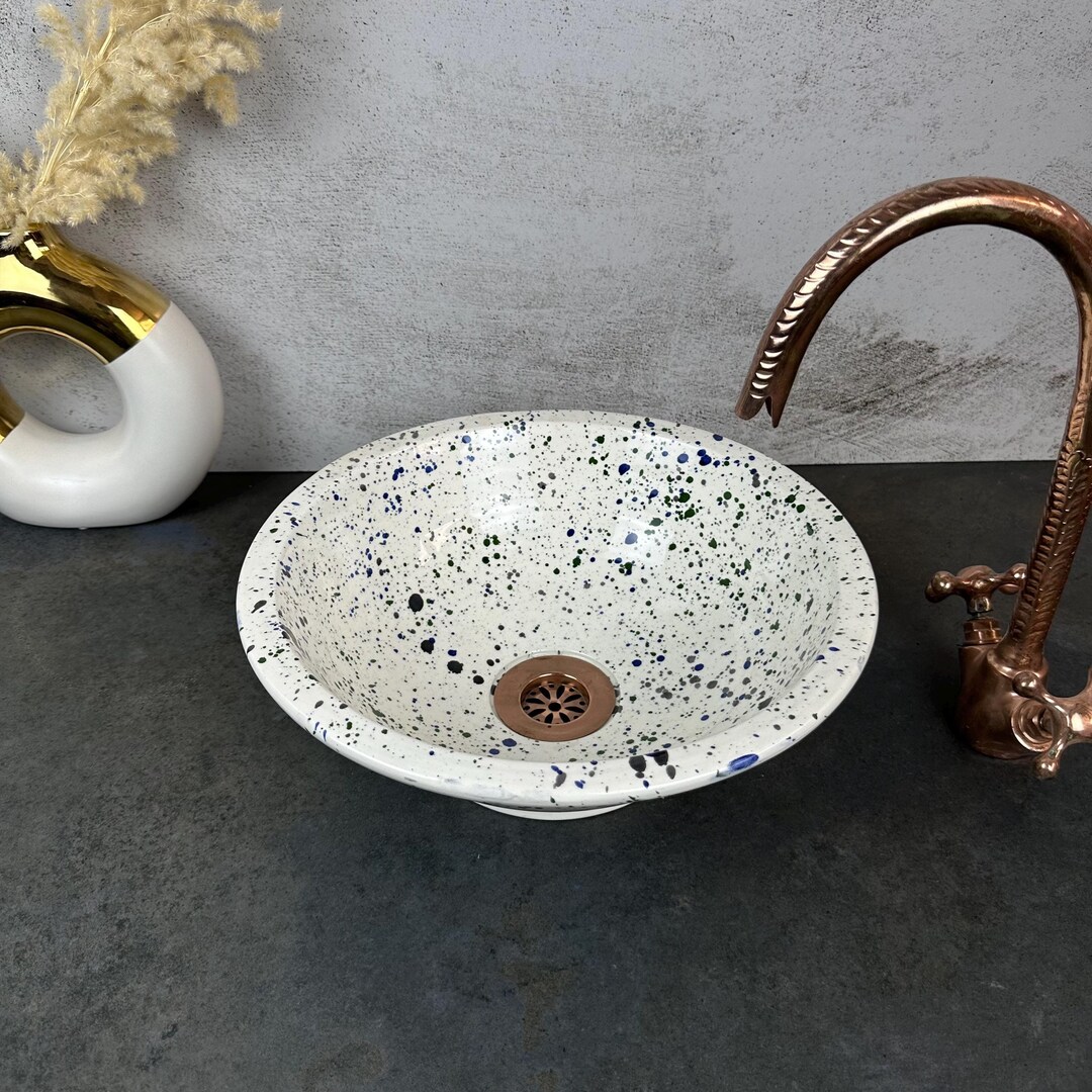 Custom Made Basin Handmade - Farmhouse Round MNAKAT Sink Ceramic Floral ...