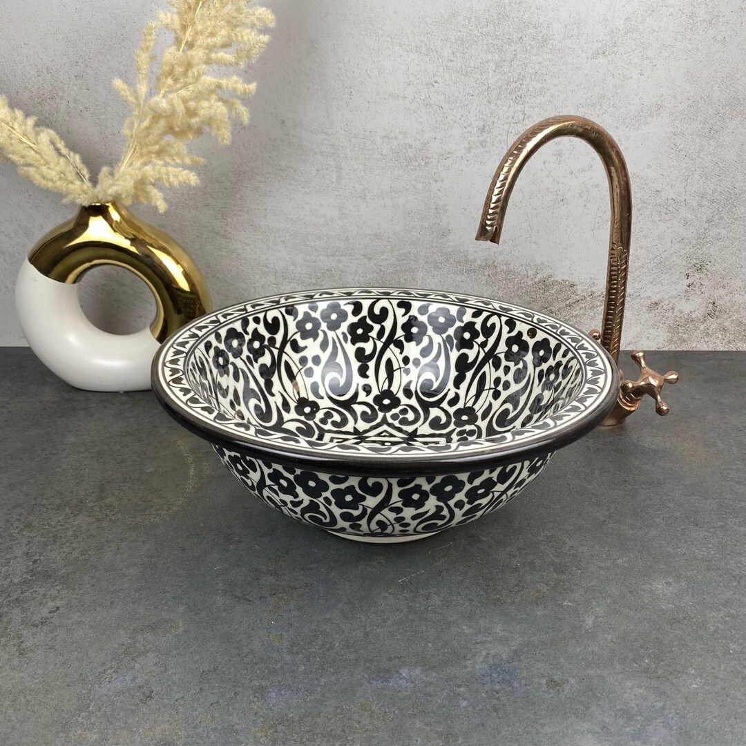 Handcrafted Ceramic Wash Basin With Elegant Black Floral Design ...