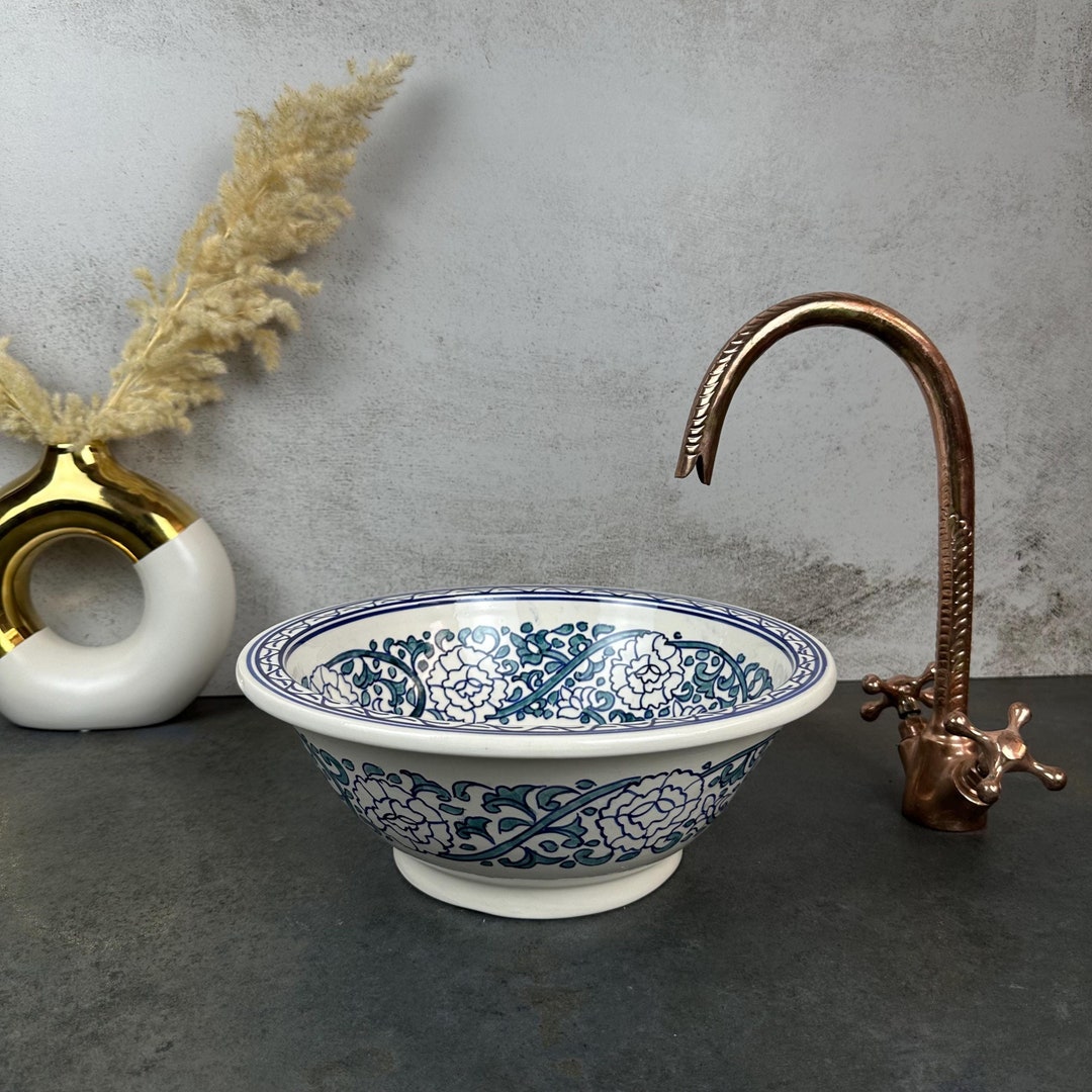 Custom Made Basin Handmade - Farmhouse Round Sink Ceramic Floral Design ...