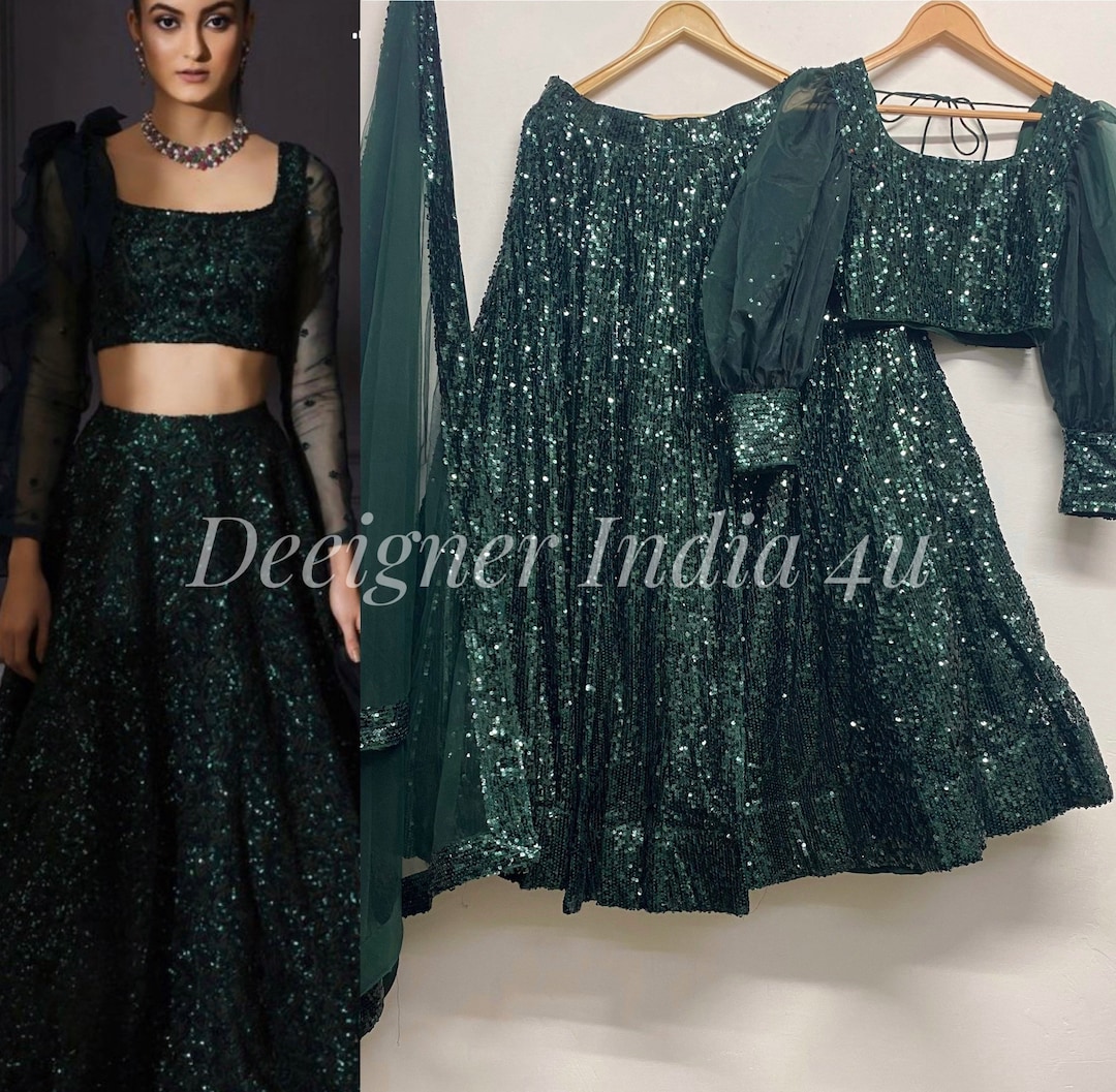 Green Sequins Net Lehenga Blouse for Women & Girls With Long Top Ghagra ...