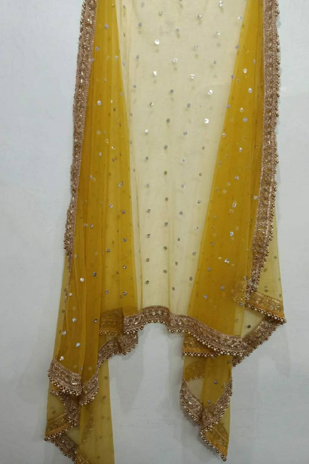 Mustard Yellow Dupatta With Silver Sequines Embroidered Net Chunni for ...