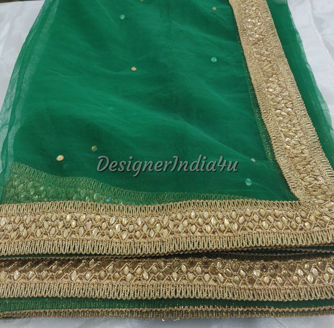 Emerald Green Net Dupatta: Indian Wedding Chunni Stole With Stone Work ...