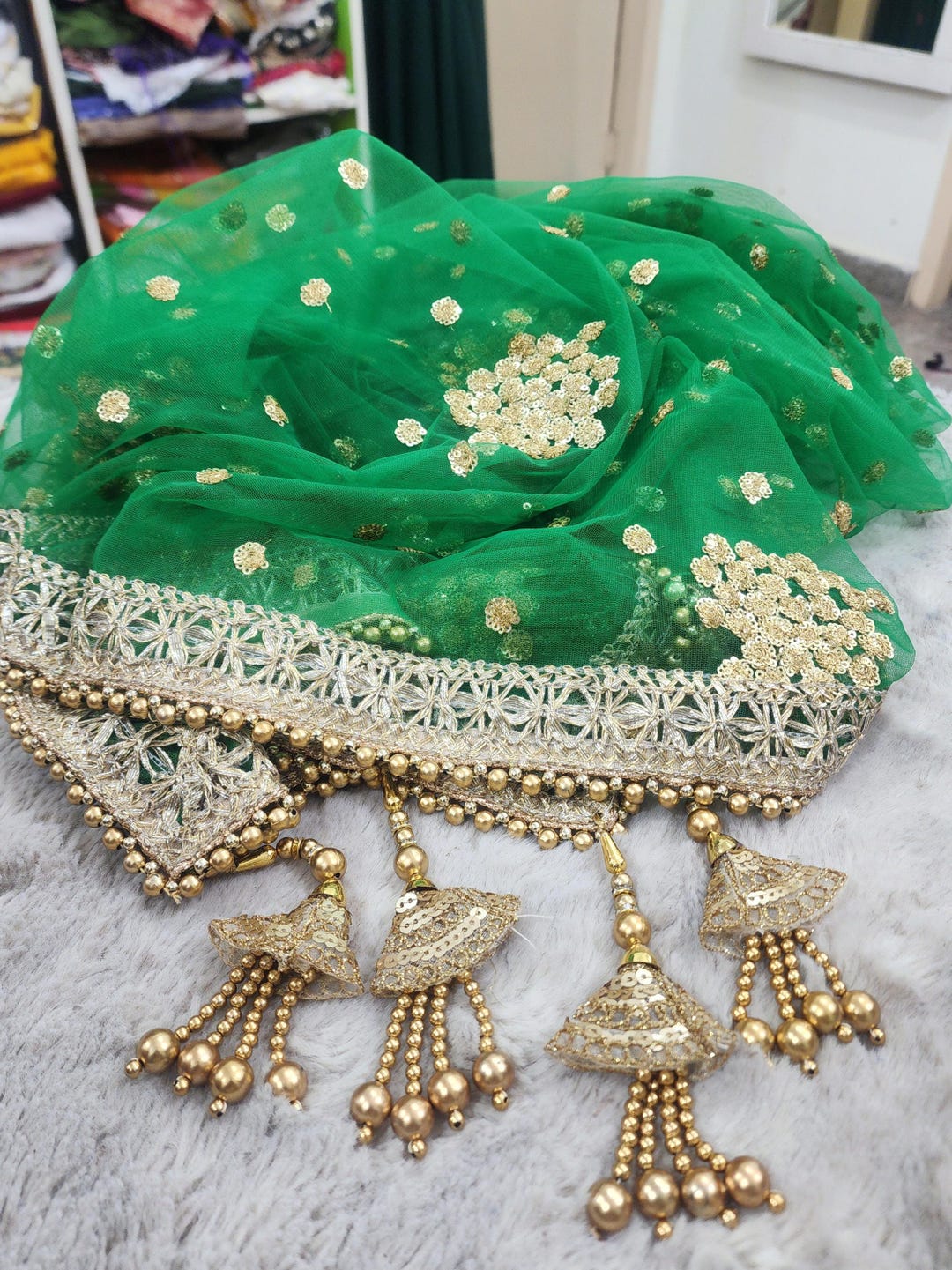 Green Dupatta With Jewels Indian Designer Nikkah Veil Bridal Duppatta ...