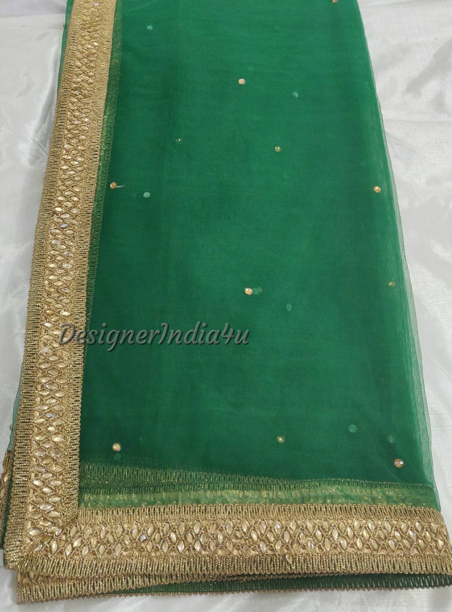 Emerald Green Net Dupatta: Indian Wedding Chunni Stole With Stone Work ...