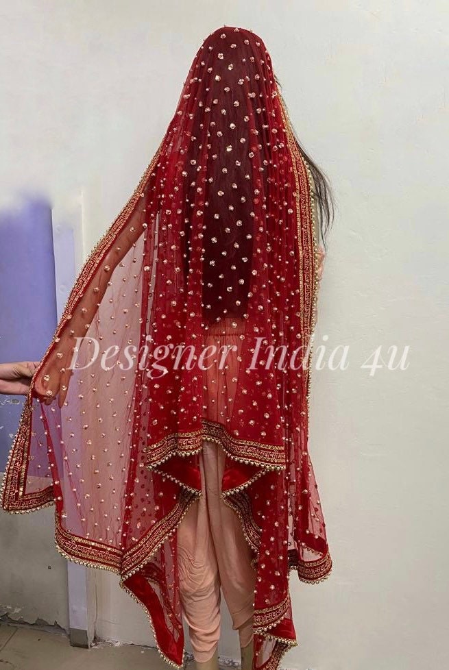 Red Bridal Dupatta: Pearl Net Indian Wedding Veil - Etsy