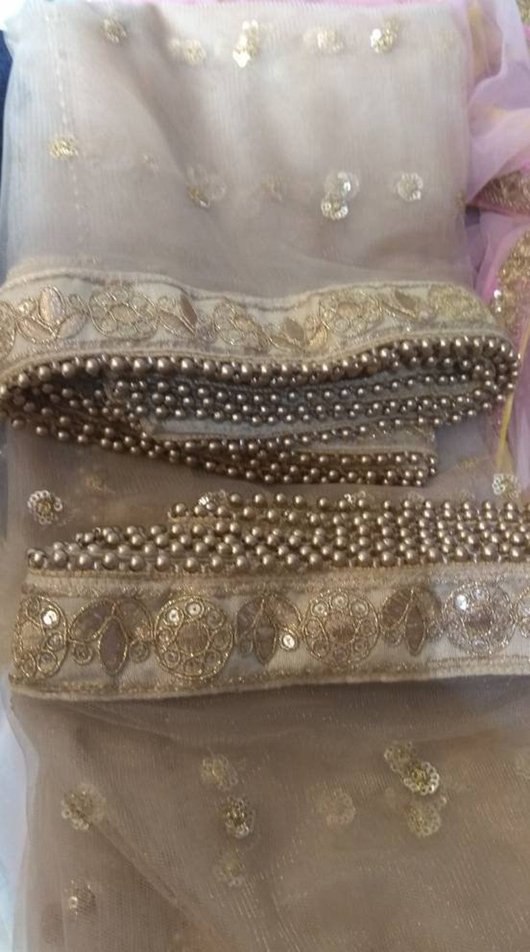 Embroidered Golden Net Dupatta: Indian Stole Scarf With Beaded Lace - Etsy