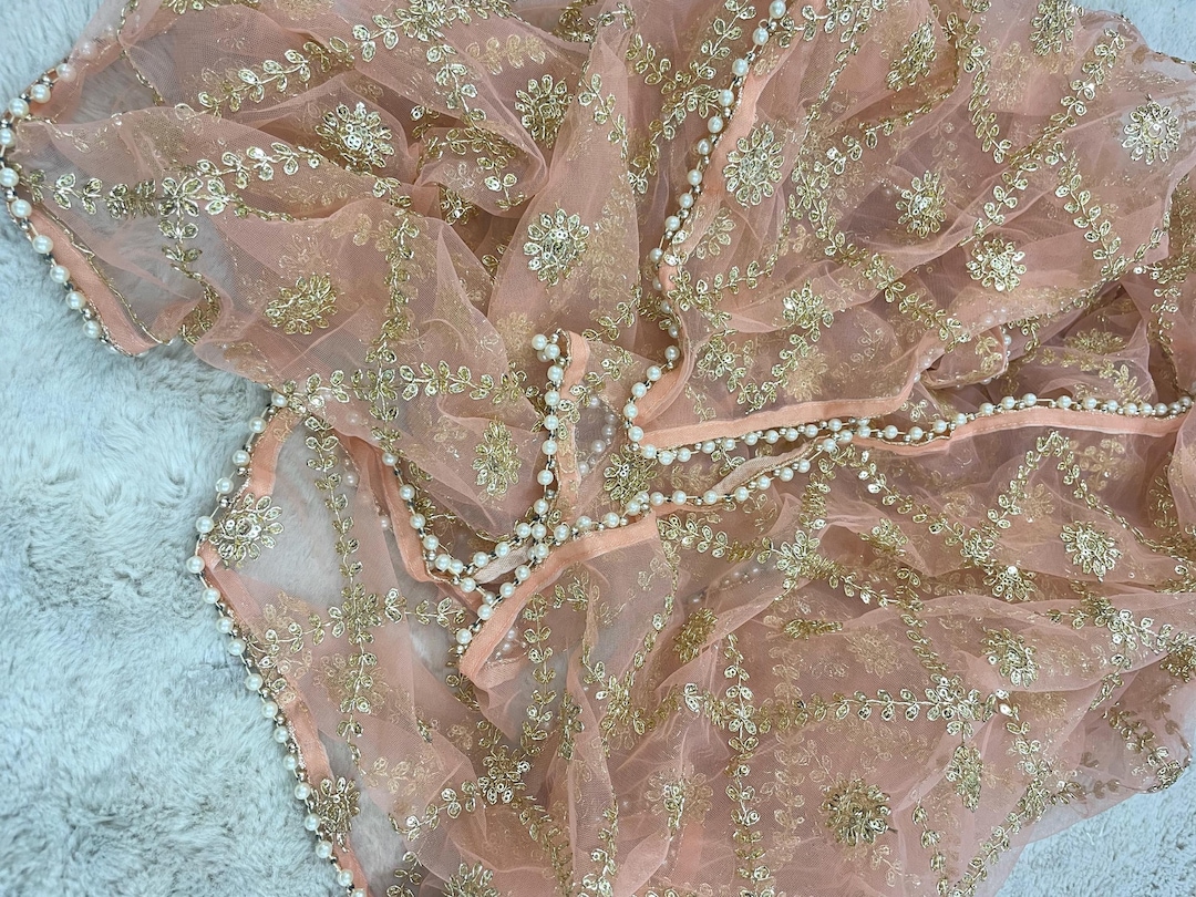 Peach Color Embroidered Net Wedding Dupatta: Silver Sequin Indian ...