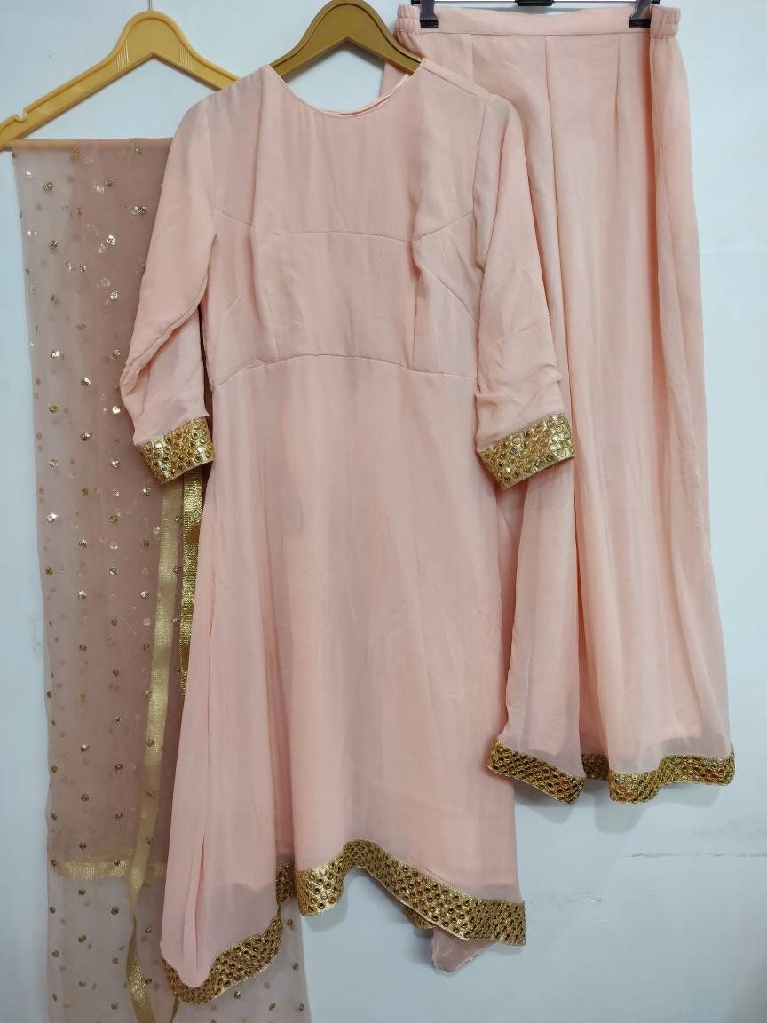Salwar Kameez in Peach Color Georgette Embroidered Net Dupatta - Etsy