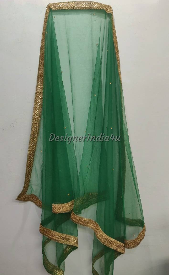 Emerald Green Net Dupatta: Indian Wedding Chunni Stole With Stone Work ...