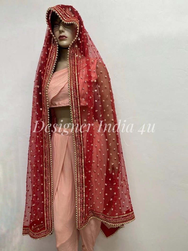 Red Bridal Dupatta: Pearl Net Indian Wedding Veil - Etsy