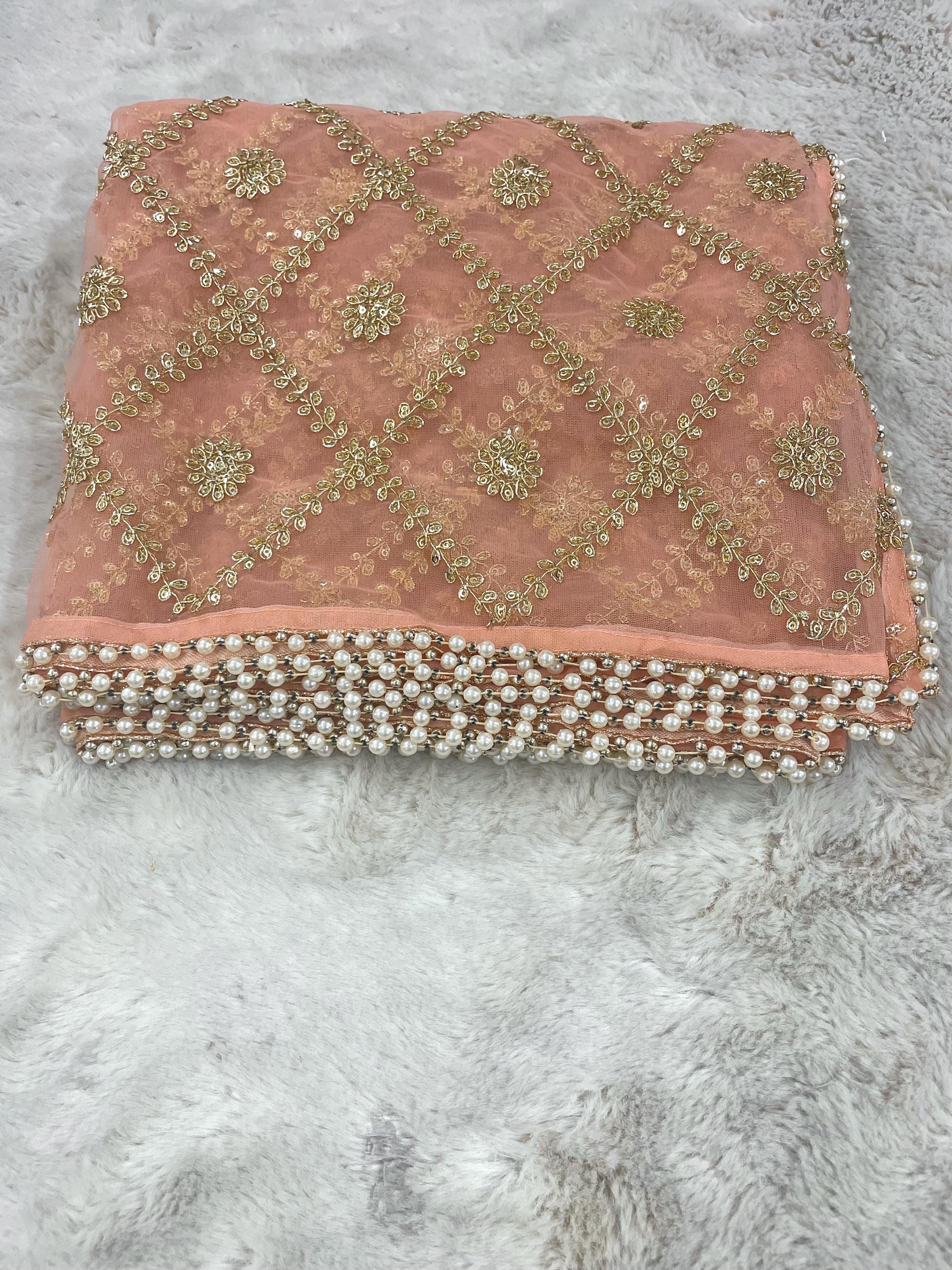 Peach Color Embroidered Net Wedding Dupatta: Silver Sequin Indian ...
