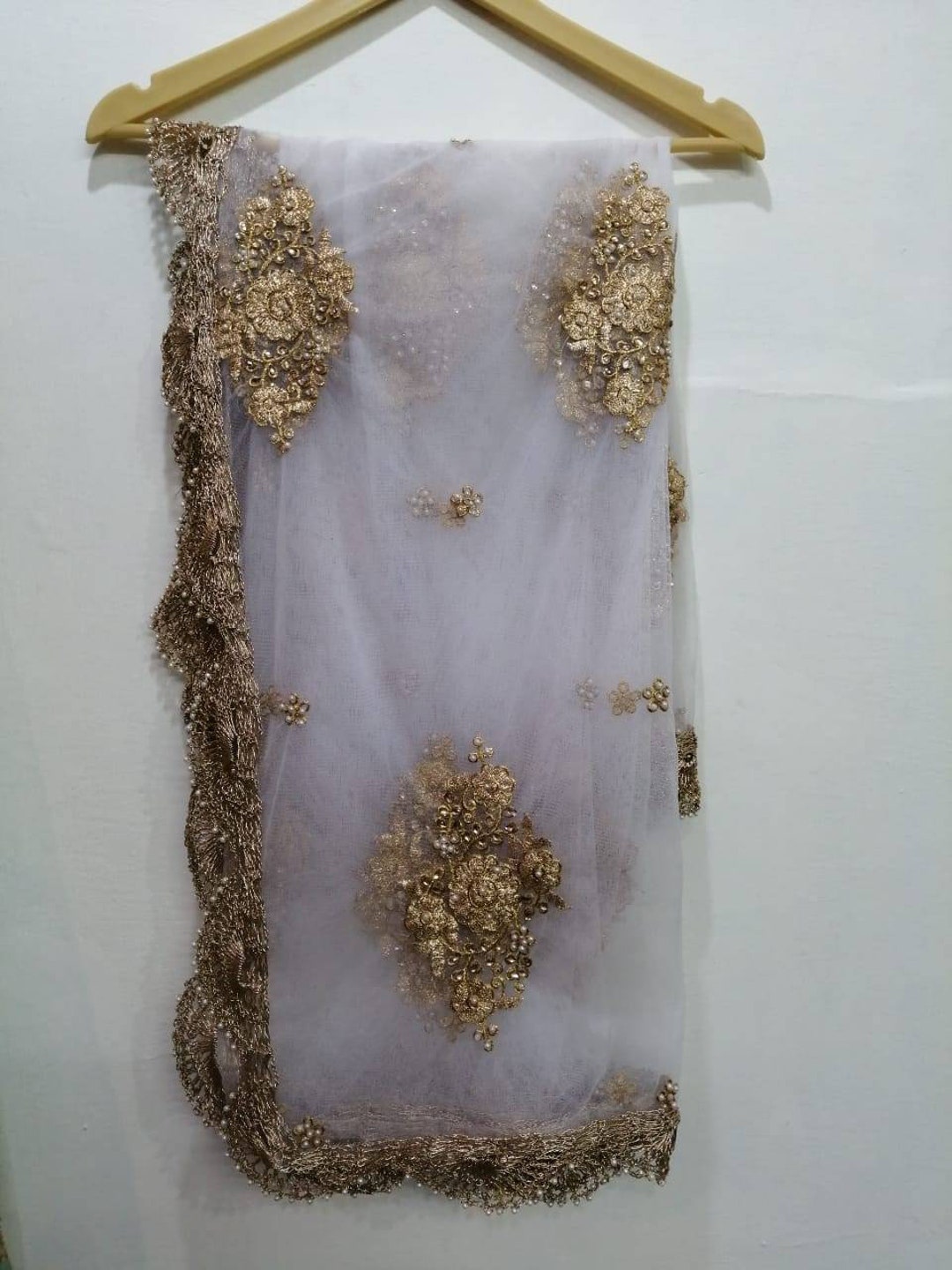 White Dupatta Traditional Chunni Festival Stole Scarves Embroiderd Net ...