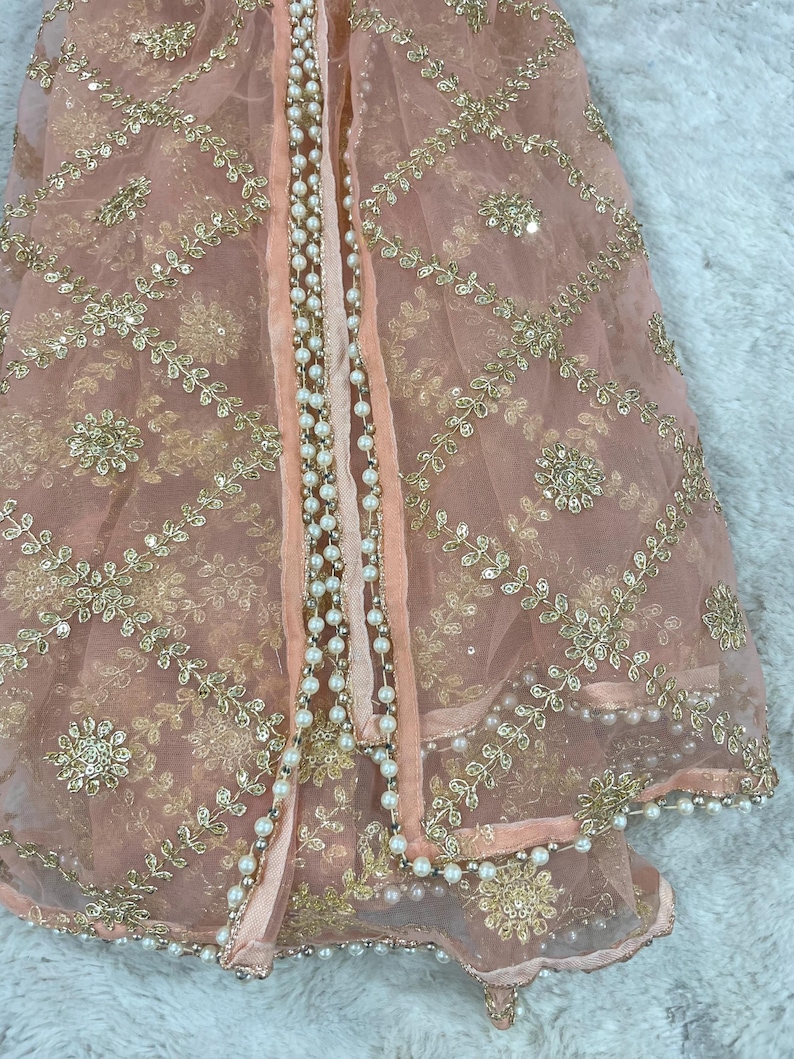 Peach Color Embroidered Net Wedding Dupatta: Silver Sequin Indian ...