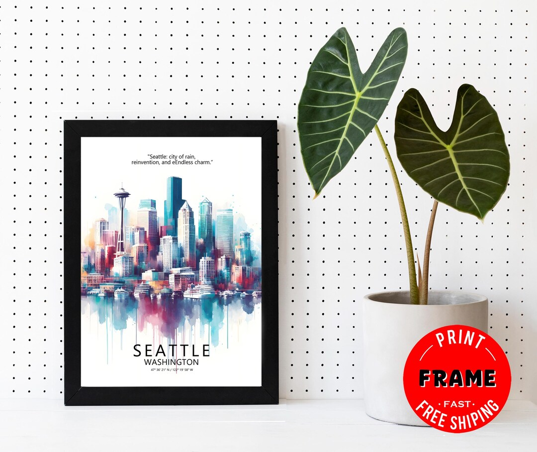 Seattle Skyline Framed Poster, Seattle Poster, Cityscape, City Poster ...
