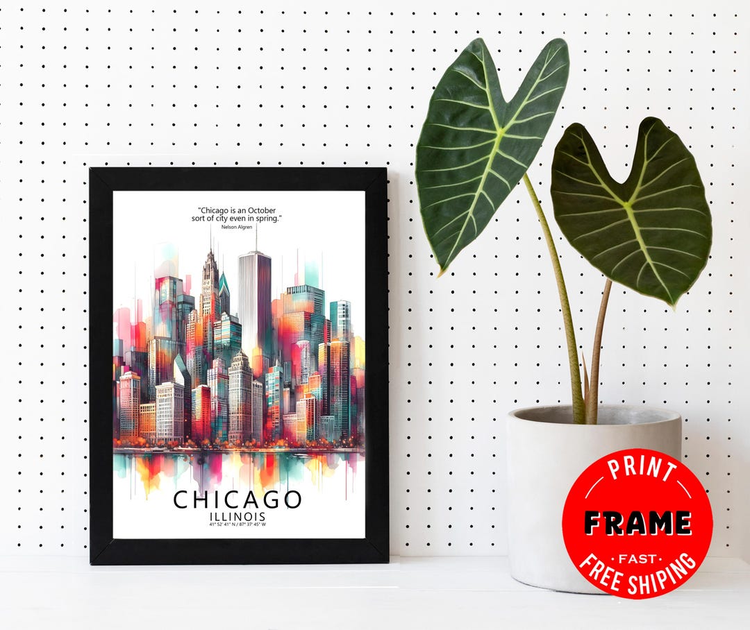 Chicago Skyline Framed Poster, Chicago Illinois Poster, Cityscape, City ...