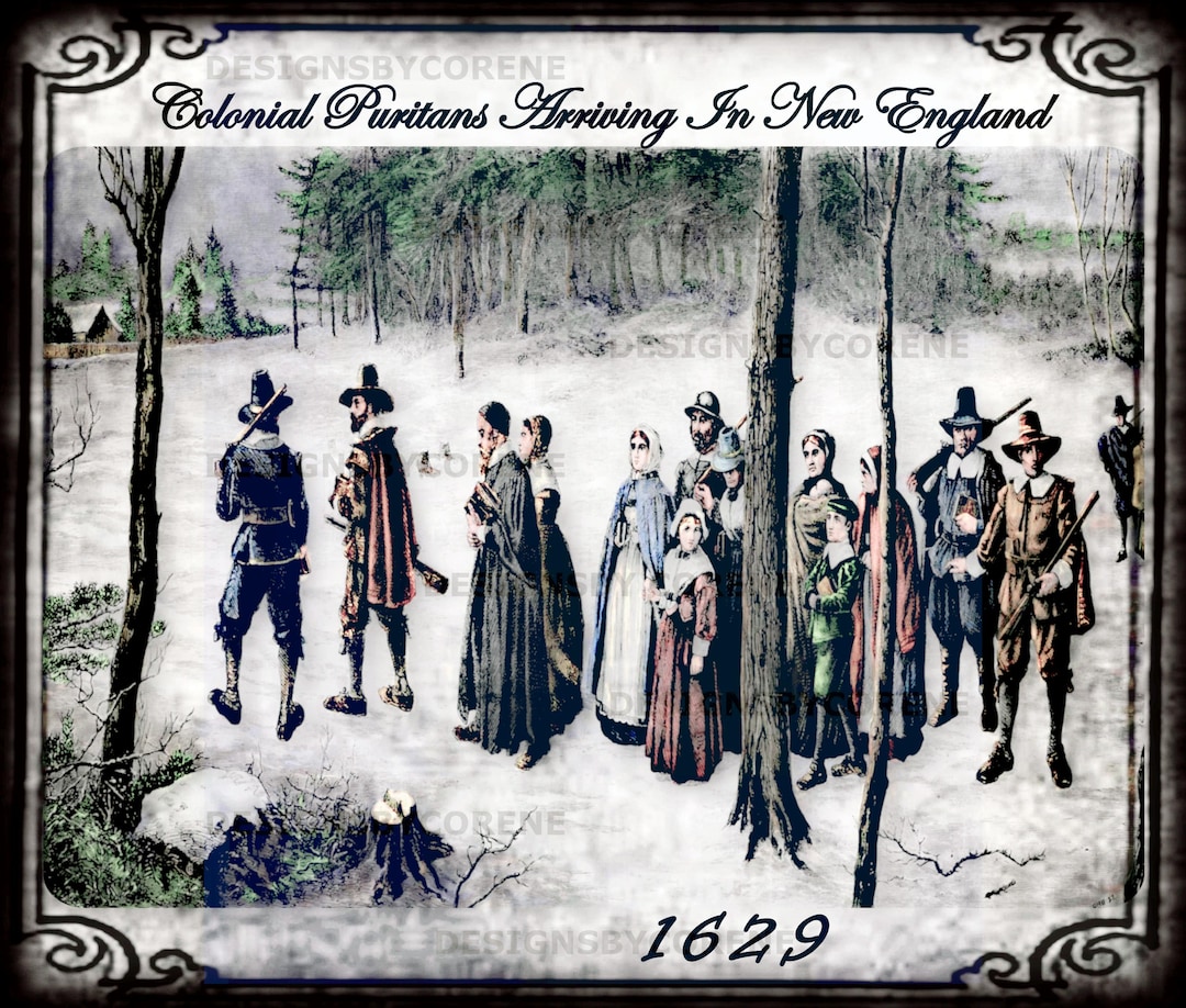 Vintage Antique Primitive Colonial Puritans Arriving in New England ...