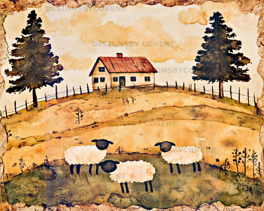 Vintage Primitive Folk Art Sheep Farm Wall Art Print/transfer/card/gift ...