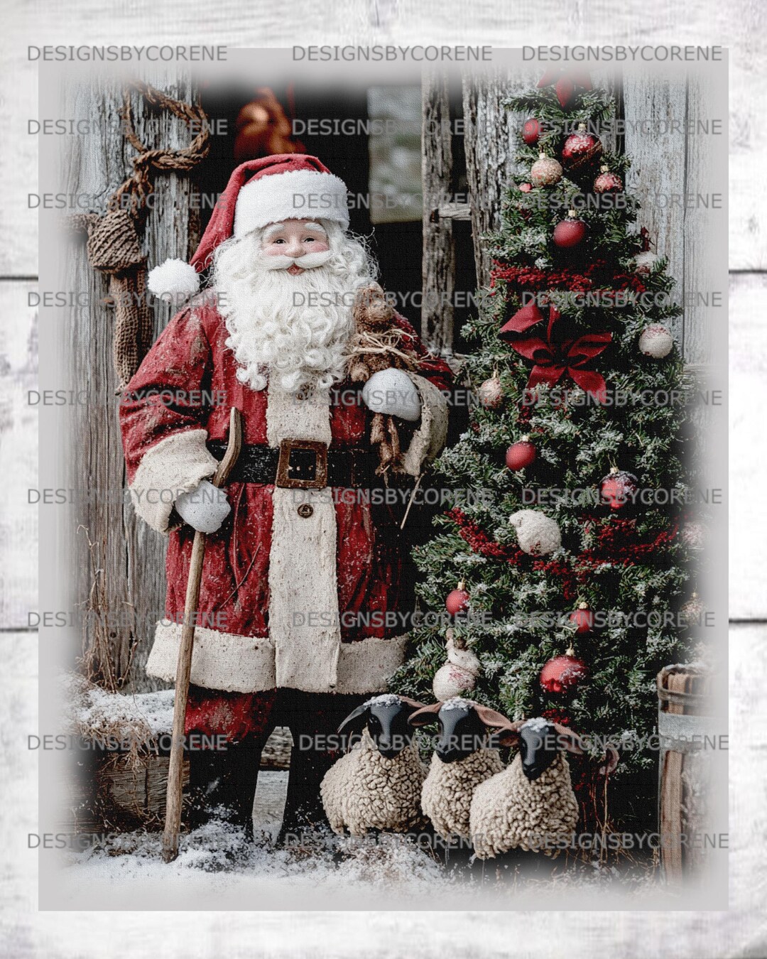 Primitive Vintage Old World Santa Barn Sheep Wall Art Print, Download ...