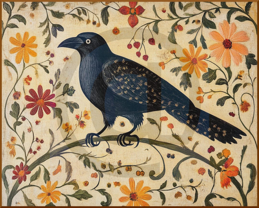 Early American Floral Folk Art Black Crow Digital Download Print Wall ...