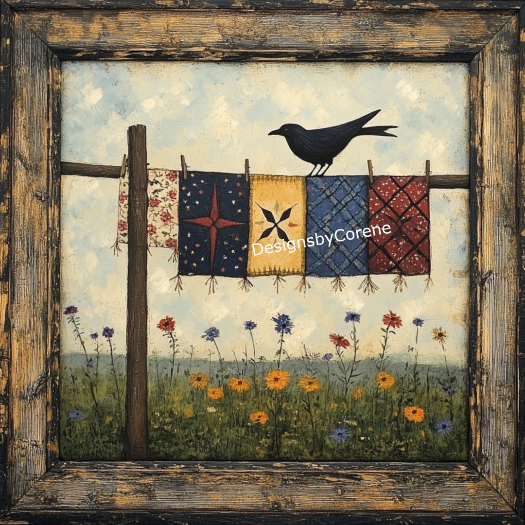 Vintage Primitive Farmhouse Framed Country Clothes Line Black Crow ...