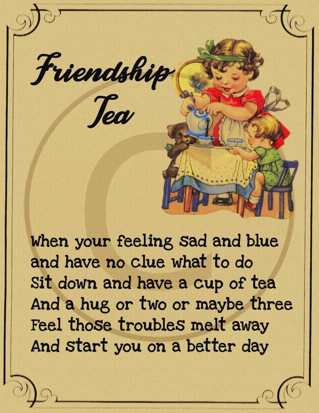Vintage Friendship Tea Poem Quote Art Print Wall Art Decor Printable ...