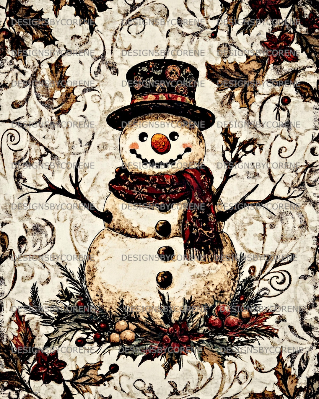 Vintage Primitive Country Christmas Snowman Wall Art Print Transfer ...