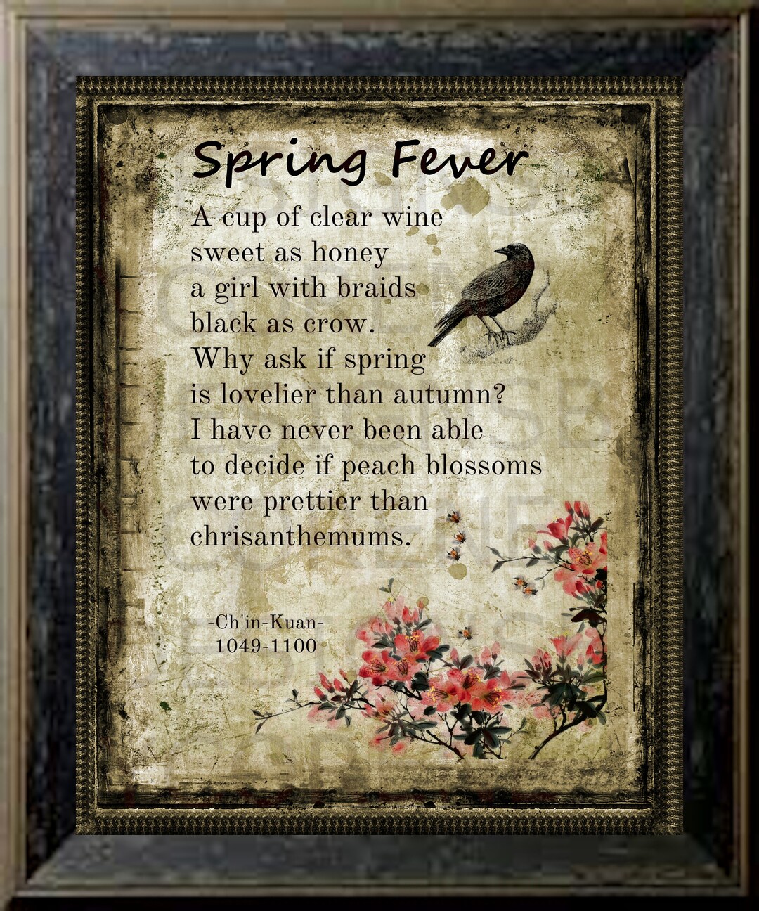 Primitive Spring Fever Crow Flowers Poem Print Digital Image Feed Sack ...