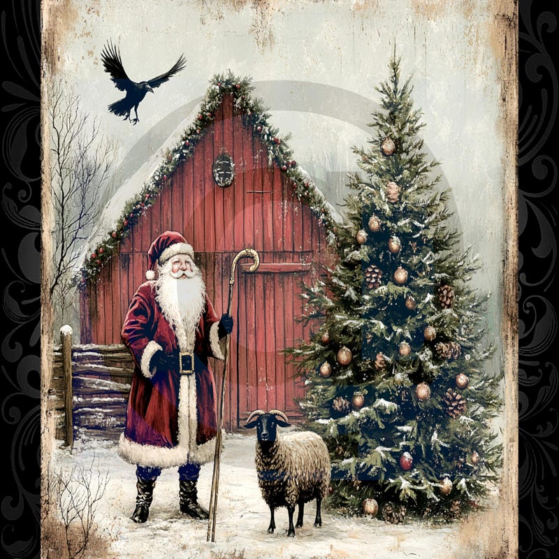 Santa Sheep and Barn Print - Etsy