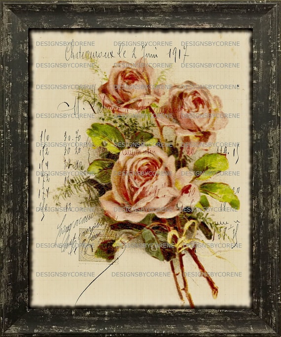 Vintage Pink Roses Primitive French Shabby Digital Download - Etsy