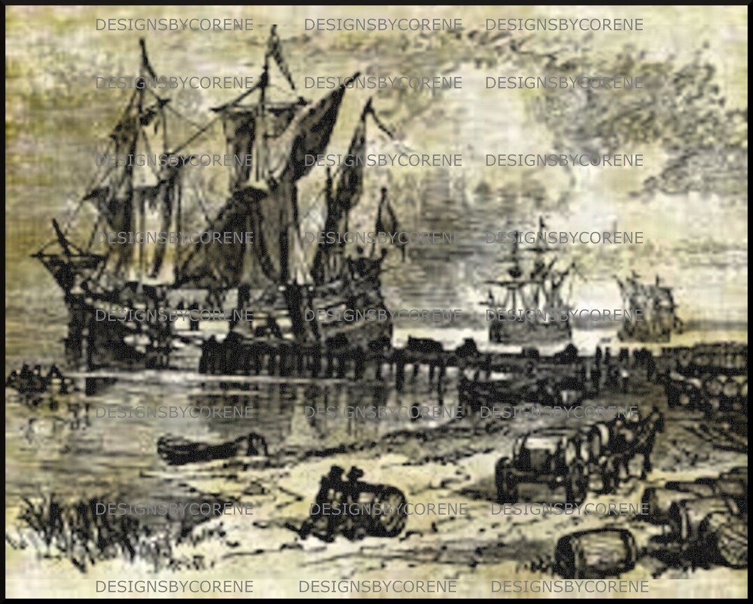 Primitive Colonial Ship Landing Wall Art Print/transfer/cards Digital ...