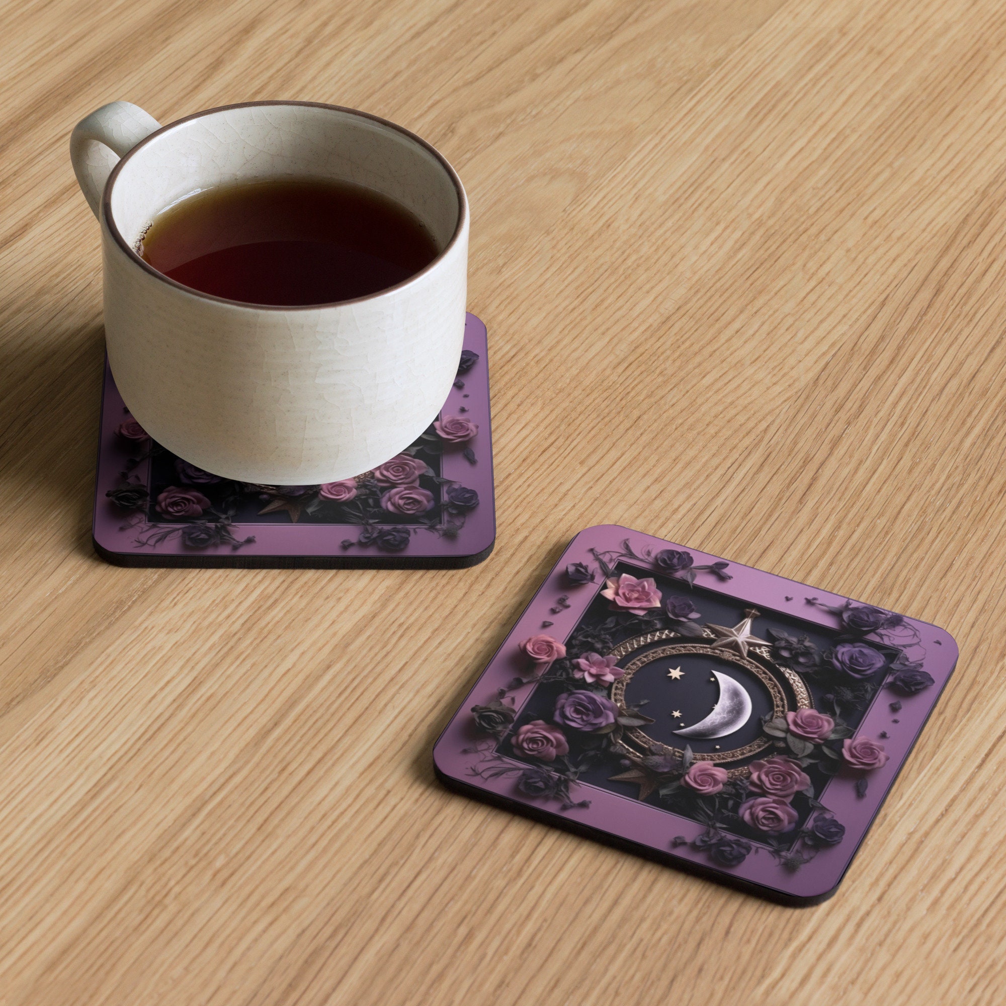 Bohemian Witchy Decor Purple Roses and Moon Cork-back Coaster - Etsy