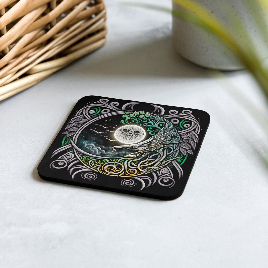 Celtic Drake Wooden Moon Emblem Cork-back Coaster - Etsy